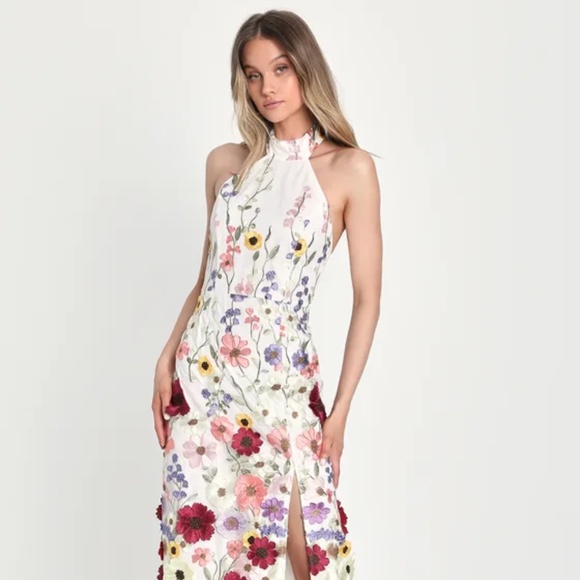 Lulus | Dresses | Lulus Unique Impression 3d Floral Embroidered Halter ...